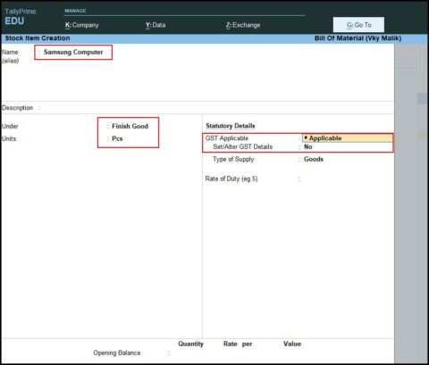 Bill of Material Entry in Tally Prime | Manufacturing Entry in Tally ...